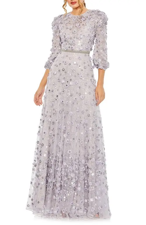 Mac Duggal Floral Applique Puff Sleeve A-line Gown