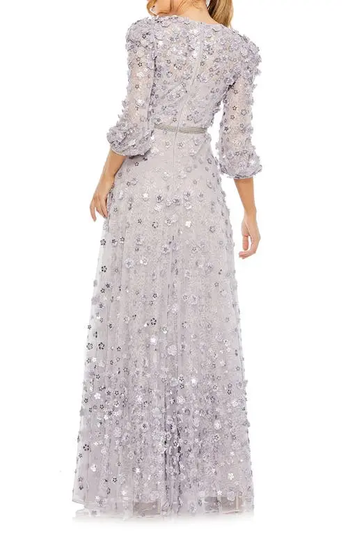Mac Duggal Floral Applique Puff Sleeve A-line Gown