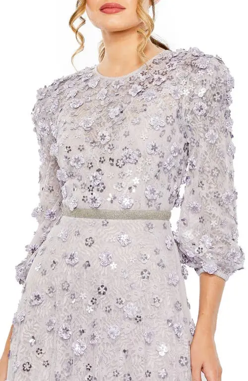 Mac Duggal Floral Applique Puff Sleeve A-line Gown