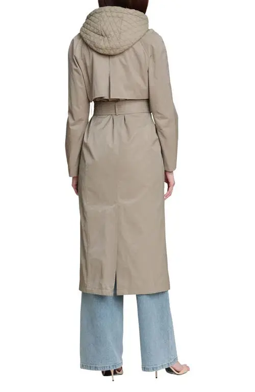 Avec Les Filles Quilted Hoodie Cotton & Nylon Trench Coat - Sage