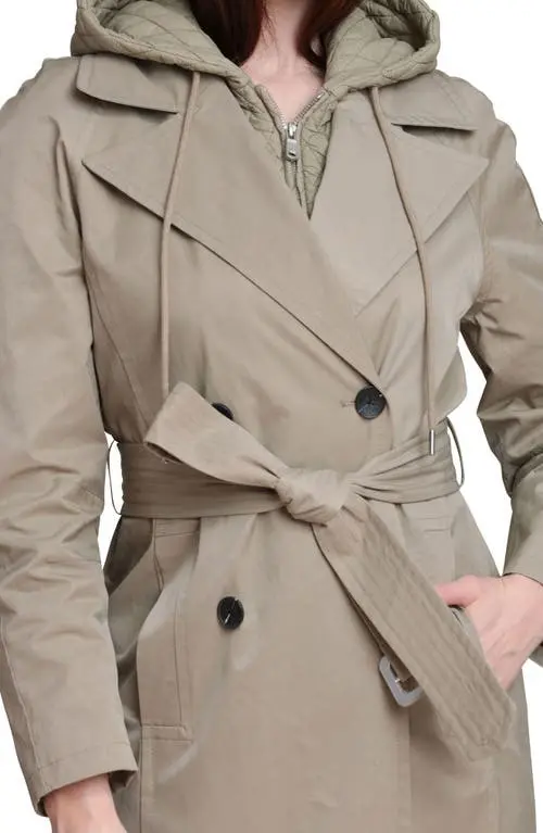 Avec Les Filles Quilted Hoodie Cotton & Nylon Trench Coat - Sage