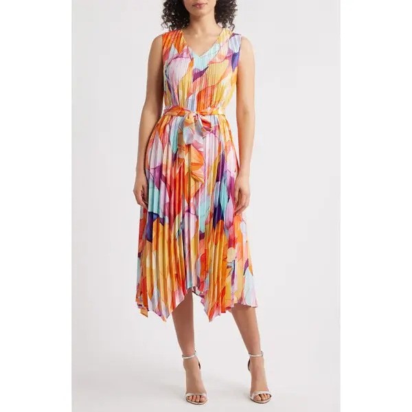 TAHARI ASL Abstract Print Pleated Midi Dress - Orange Multi