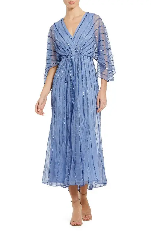 Mac Duggal Sequin Beaded Stripe Cape Sleeve V-neck Gown