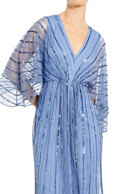 Mac Duggal Sequin Beaded Stripe Cape Sleeve V-neck Gown