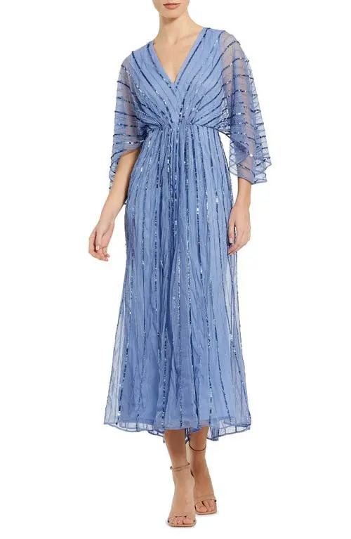 Mac Duggal Sequin Beaded Stripe Cape Sleeve V-neck Gown