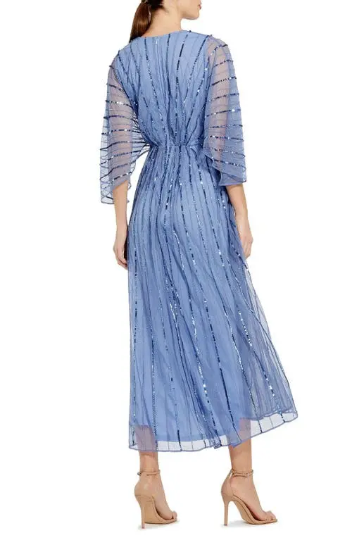 Mac Duggal Sequin Beaded Stripe Cape Sleeve V-neck Gown