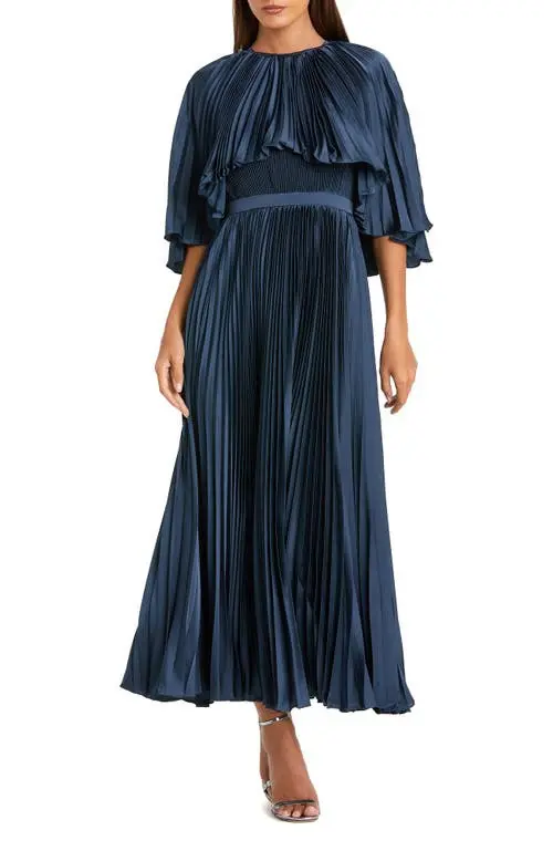 Mac Duggal Pleated Capelet Tea-length Dress - Midnight