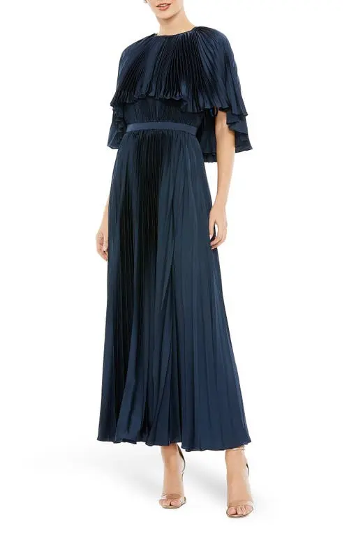 Mac Duggal Pleated Capelet Tea-length Dress - Midnight