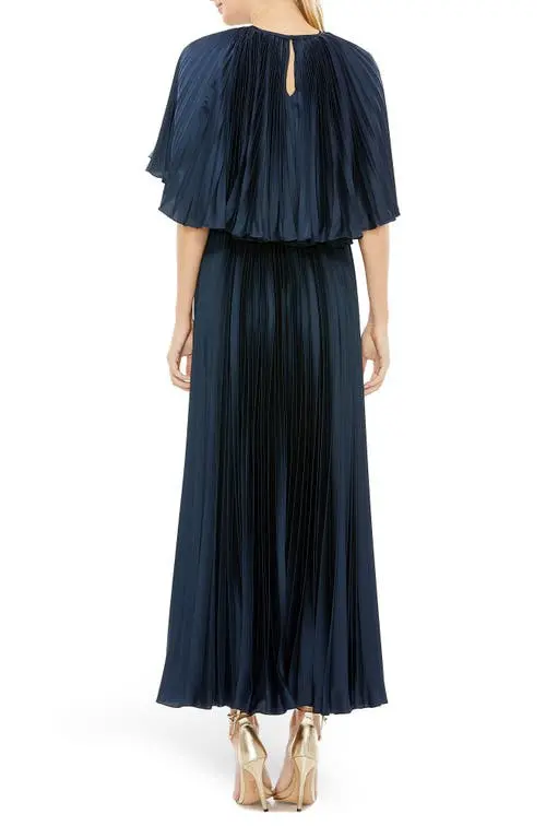 Mac Duggal Pleated Capelet Tea-length Dress - Midnight