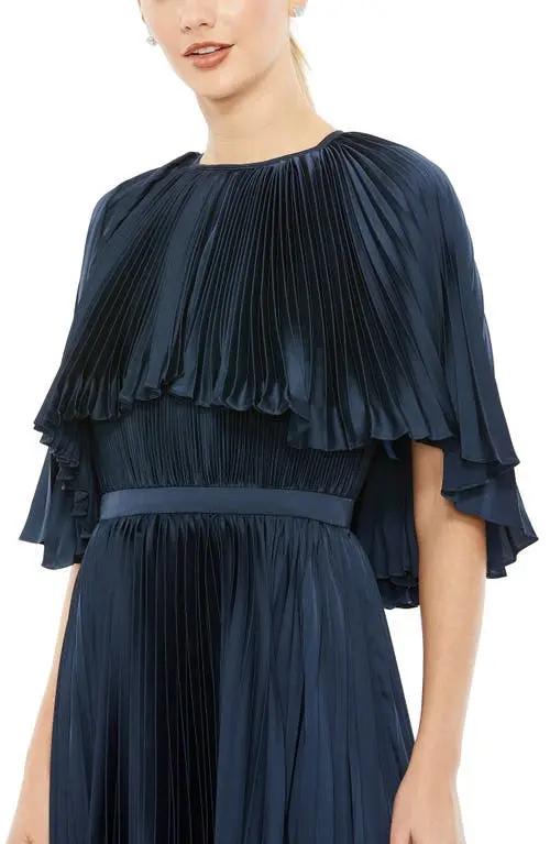 Mac Duggal Pleated Capelet Tea-length Dress - Midnight