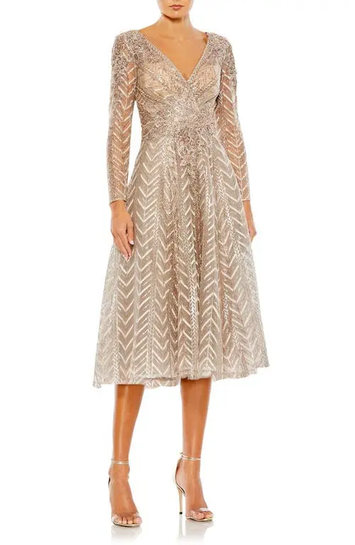 Mac Duggal Embellished Long Sleeve Wrap Over Dress