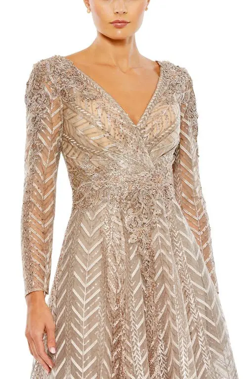 Mac Duggal Embellished Long Sleeve Wrap Over Dress