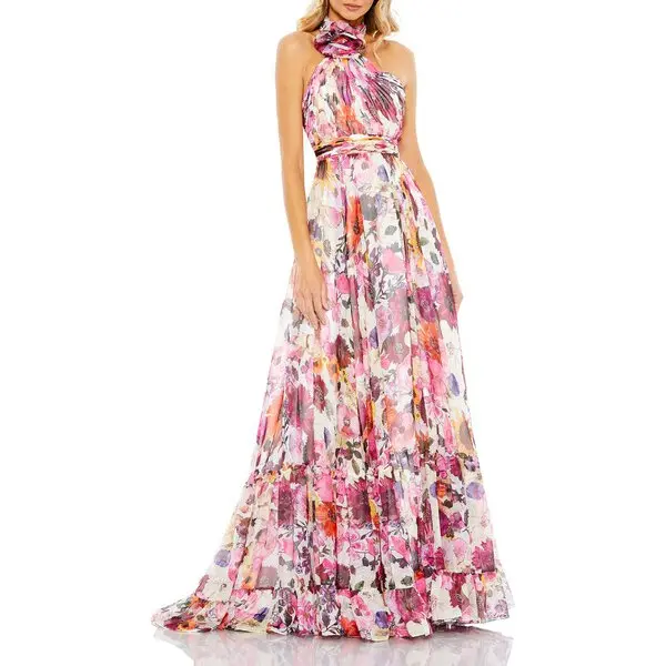 Mac Duggal Asymmetrical Ruffled Halter Floral Gown - Pink/white Multi