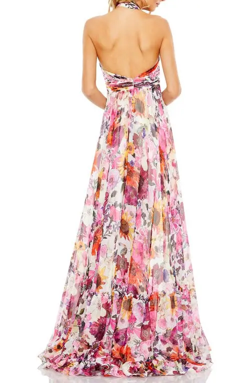 Mac Duggal Asymmetrical Ruffled Halter Floral Gown - Pink/white Multi
