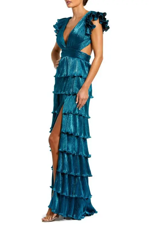 Mac Duggal Ruffle Tiered Lace-up Gown - Blue