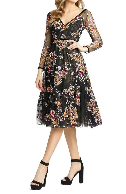 Mac Duggal Floral Embroidered Tea-length Dress