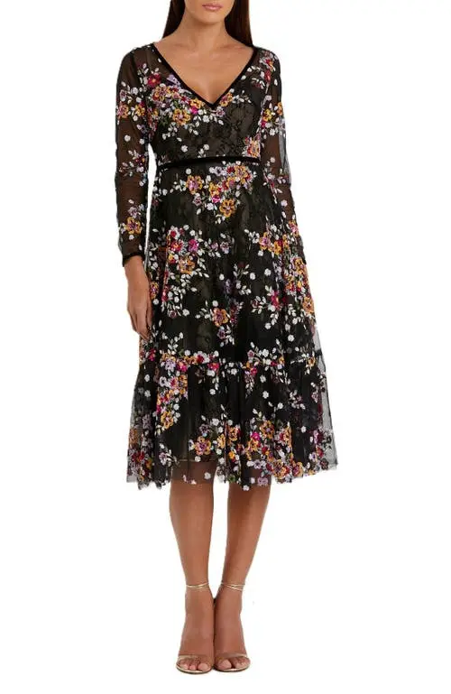 Mac Duggal Floral Embroidered Tea-length Dress - Black Multi