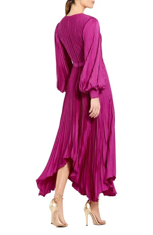 Mac Duggal Pleated Charmeuse Midi Dress With Handkerchief Hem - Fuchsia