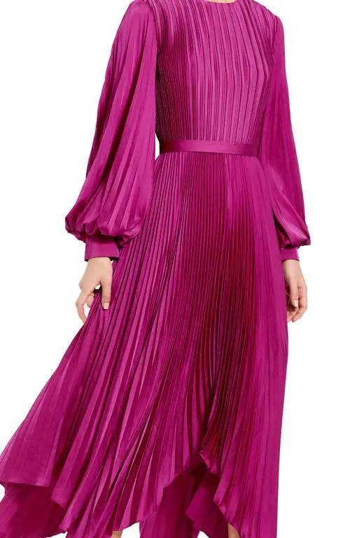 Mac Duggal Pleated Charmeuse Midi Dress With Handkerchief Hem - Fuchsia