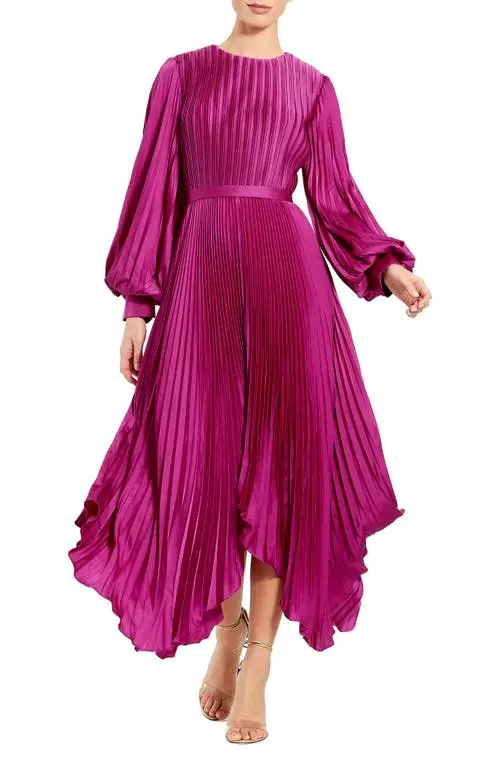 Mac Duggal Pleated Charmeuse Midi Dress With Handkerchief Hem - Fuchsia