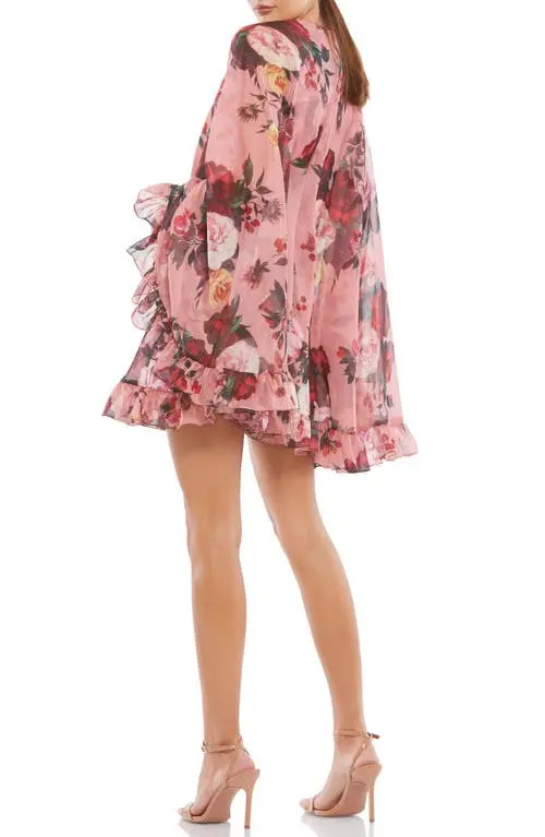 Mac Duggal Floral Mini Dress With Cape Overlay - Rose Multi