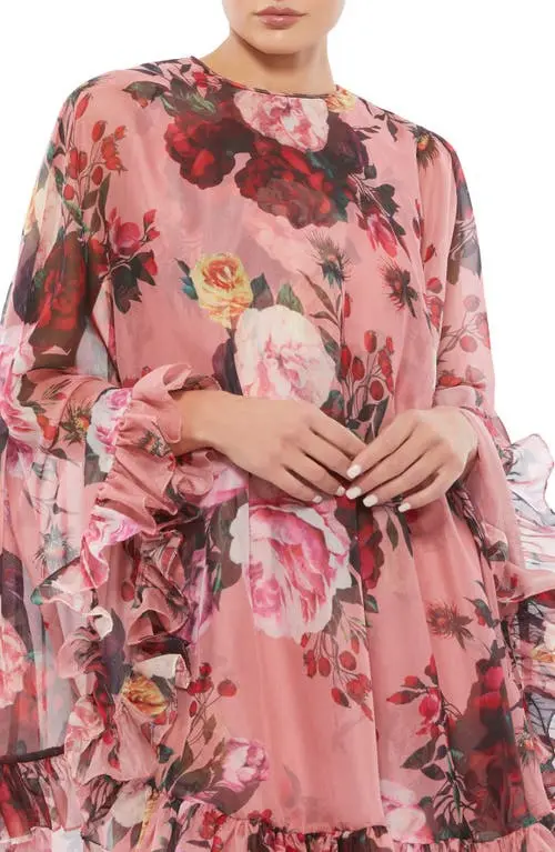Mac Duggal Floral Mini Dress With Cape Overlay - Rose Multi