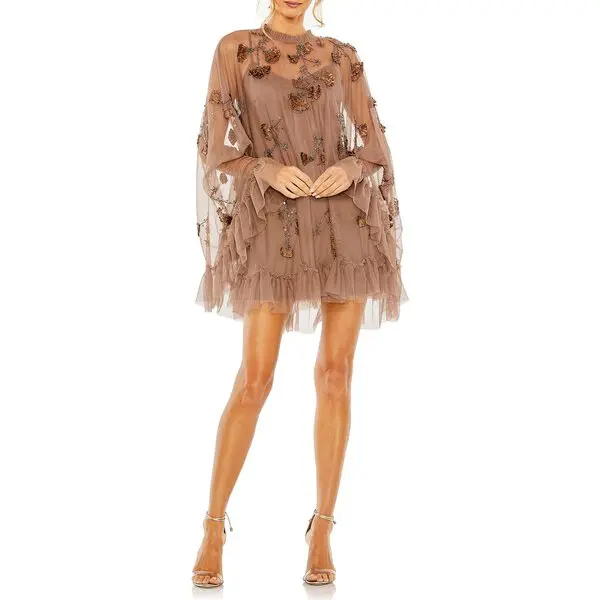 Mac Duggal Embellished Long Sleeve Trapeze Mini Dress With Ruffle Hem - Chocolate