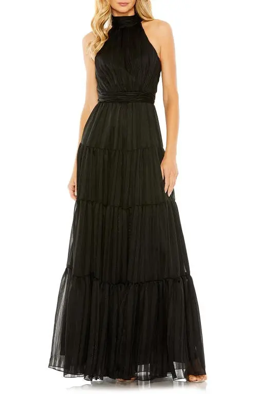 Mac Duggal Pleated Bodice Tiered Halter Gown