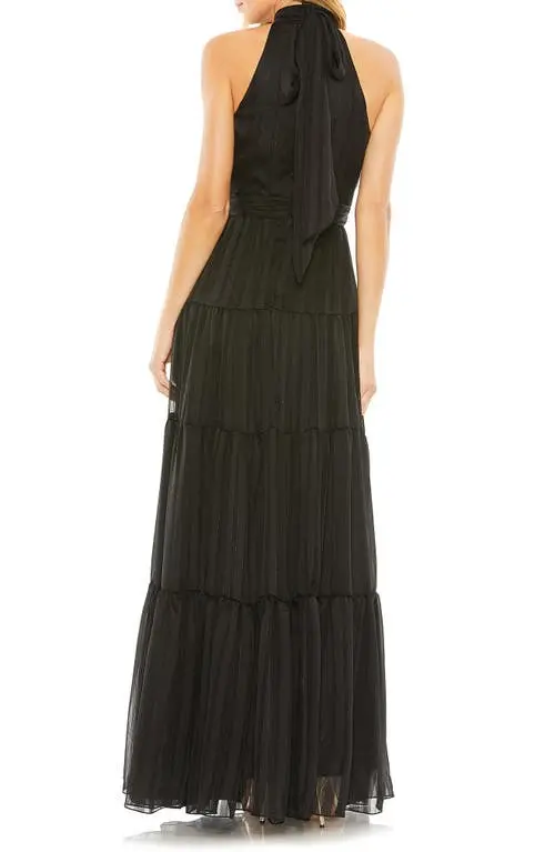 Mac Duggal Pleated Bodice Tiered Halter Gown