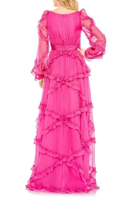 Mac Duggal Cascaded Ruffle Puff Sleeve A-line Gown