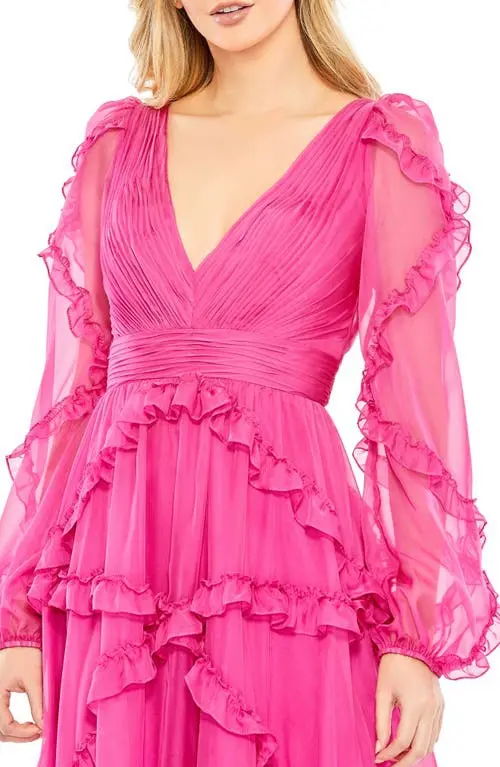 Mac Duggal Cascaded Ruffle Puff Sleeve A-line Gown