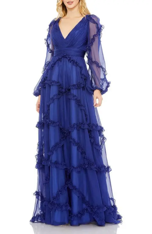 Mac Duggal Cascaded Ruffle Puff Sleeve A-line Gown