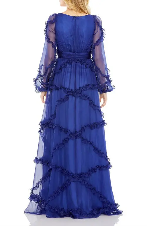 Mac Duggal Cascaded Ruffle Puff Sleeve A-line Gown