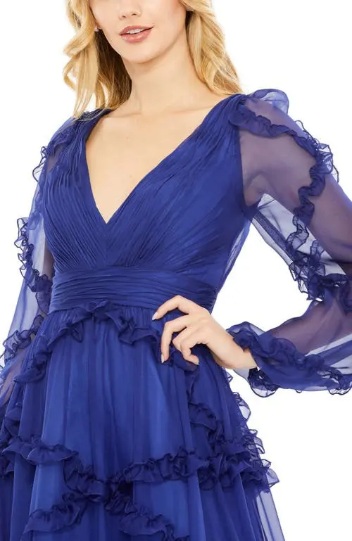 Mac Duggal Cascaded Ruffle Puff Sleeve A-line Gown