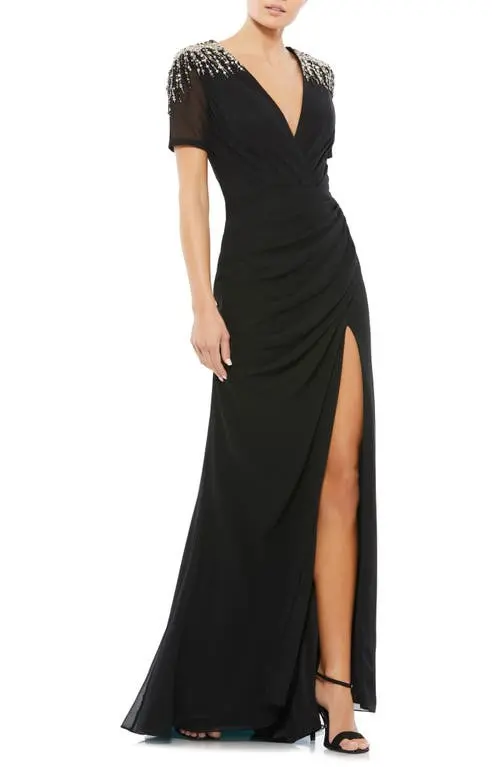 Mac Duggal Sequined Embellished Shoulder Evening Gown