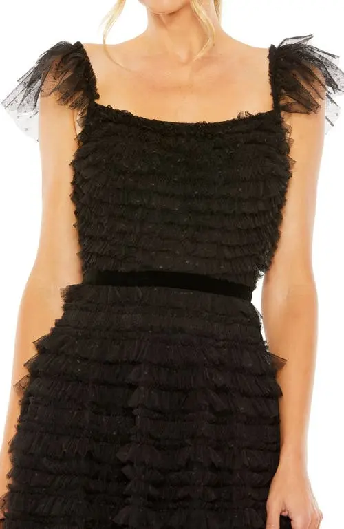 Mac Duggal Ruffle Cap Sleeve Embellished Tiered Midi Dress