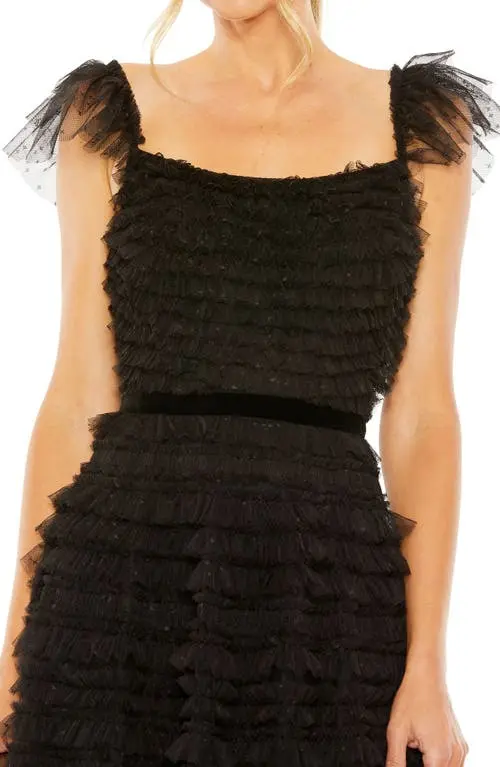 Mac Duggal Ruffle Cap Sleeve Embellished Tiered Midi Dress