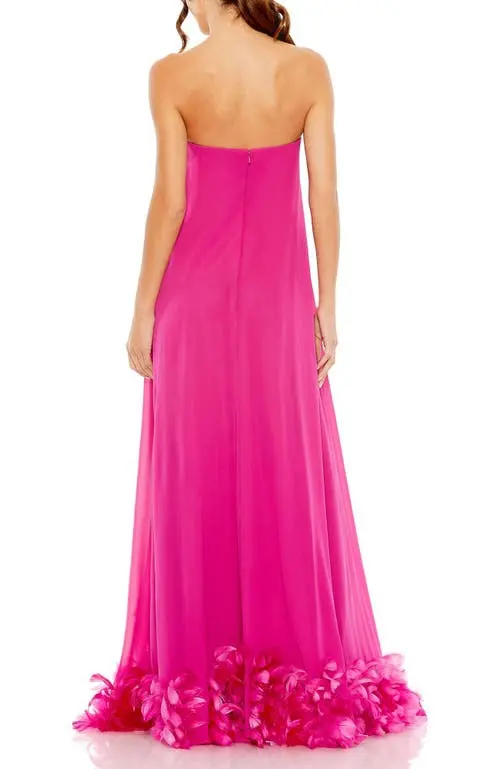 Mac Duggal Chiffon Strapless High-low Gown With Feather Hem - Fuchsia