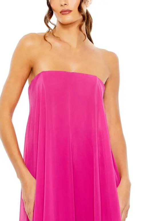 Mac Duggal Chiffon Strapless High-low Gown With Feather Hem - Fuchsia
