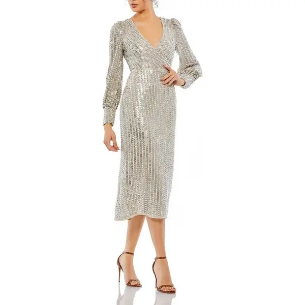 Mac Duggal Long Sleeve Sequined Midi Dress