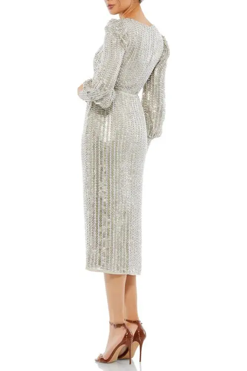 Mac Duggal Long Sleeve Sequined Midi Dress