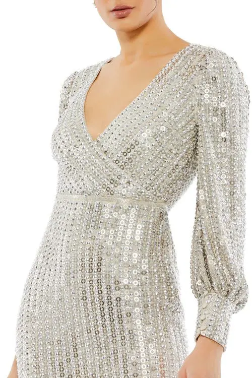 Mac Duggal Long Sleeve Sequined Midi Dress