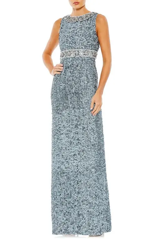 Mac Duggal Sequined Embellished Neckline Gown - Slate Blue