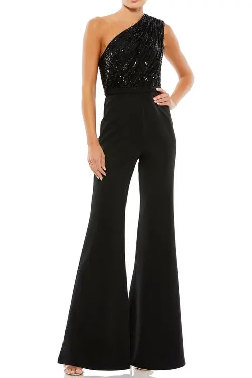 Mac Duggal Sequined One Shoulder Bell-bottom Jumpsuit - Black