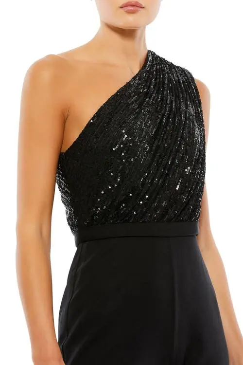 Mac Duggal Sequined One Shoulder Bell-bottom Jumpsuit