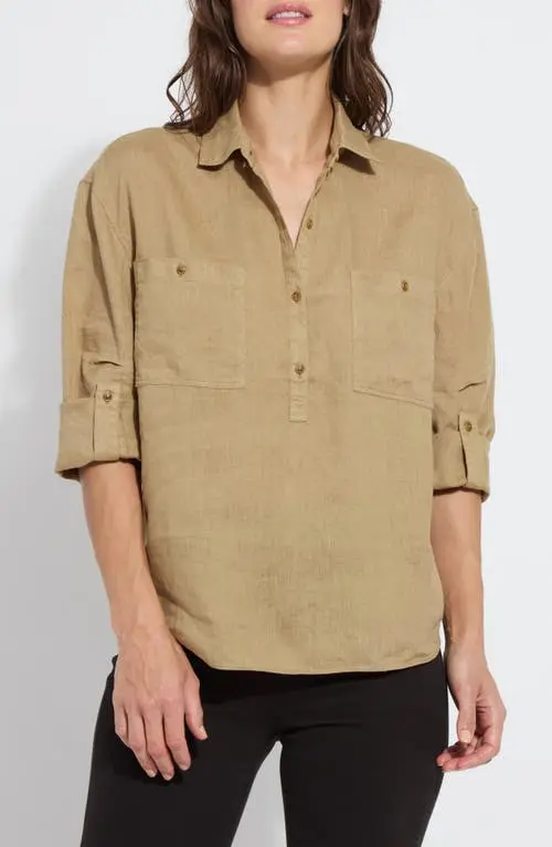 Lyssé Rose Roll Tab Linen Utility Shirt - Olive Tint