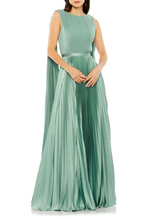 Mac Duggal Sleeveless High Neck Pleated Gown With Cape Back - Sage