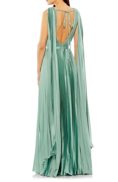 Mac Duggal Sleeveless High Neck Pleated Gown With Cape Back - Sage