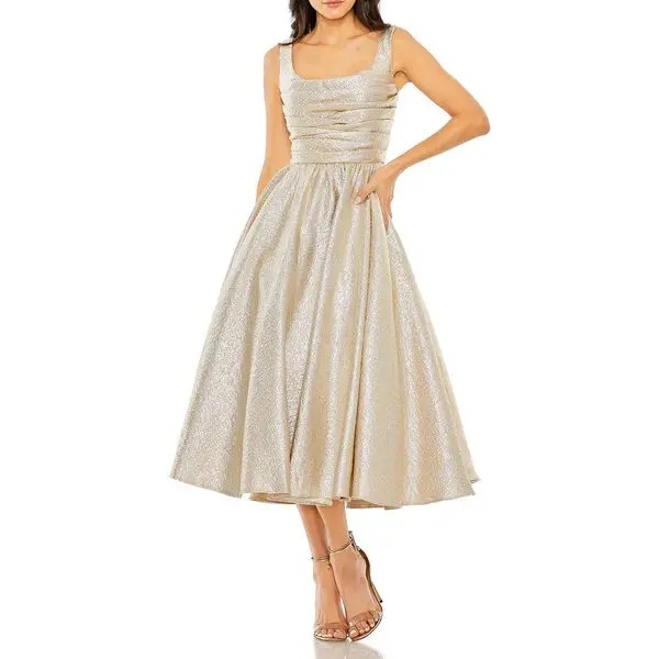 Mac Duggal Shimmering Square Neck Sleeveless A-line Midi Dress - Oyster