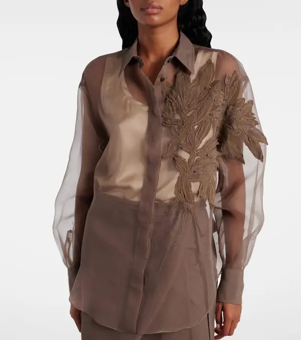 Brunello Cucinelli Herbarium-applique Silk Shirt - Brown